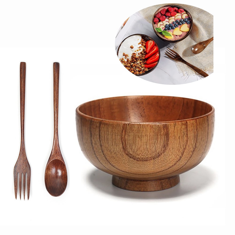 EIMELI Wooden Salad Bowls with Wooden Spoon and Fork Handmade Kitchen ...