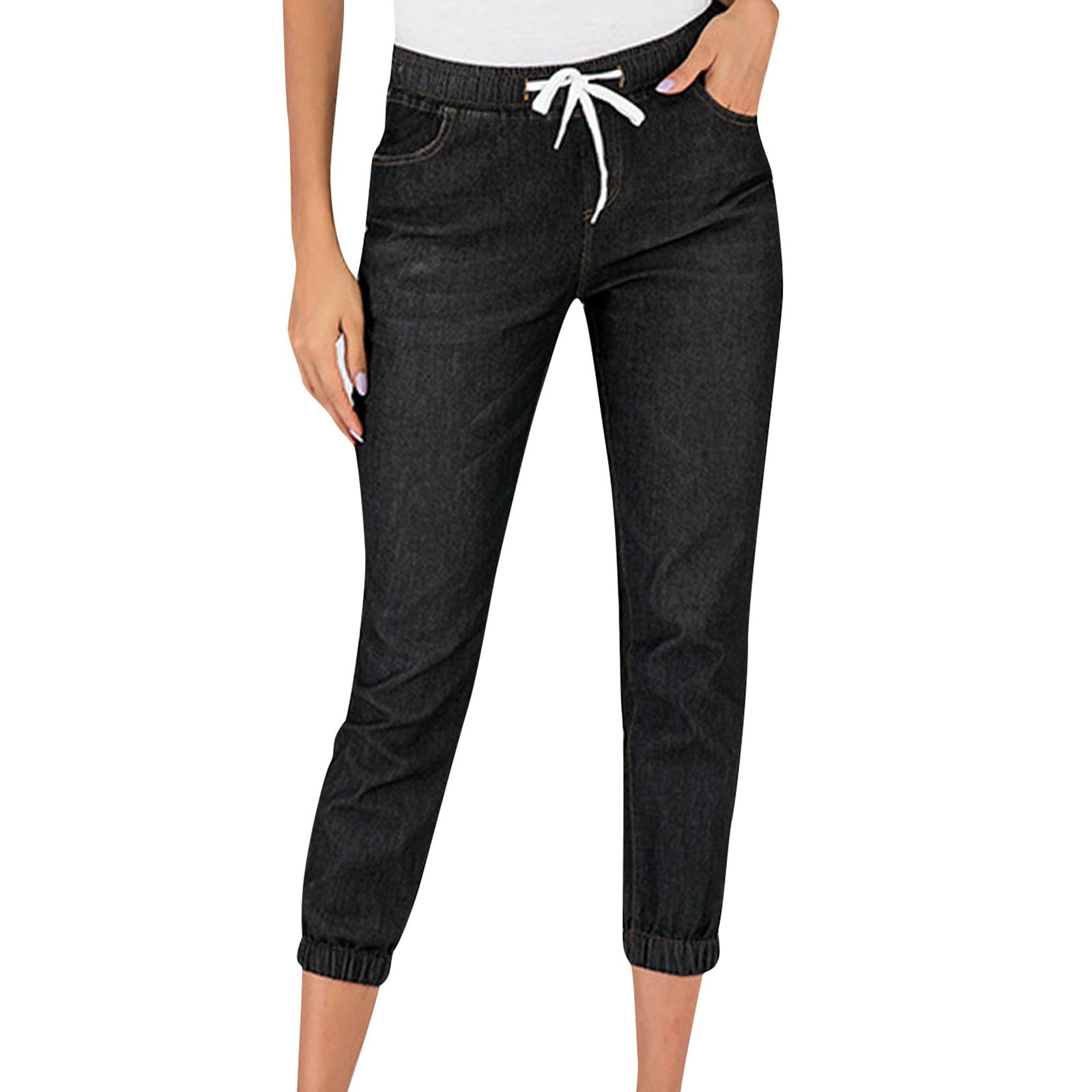 EINCcm Women Low Waist Drawstring Capri Denim Jean Elastic Band Slim ...