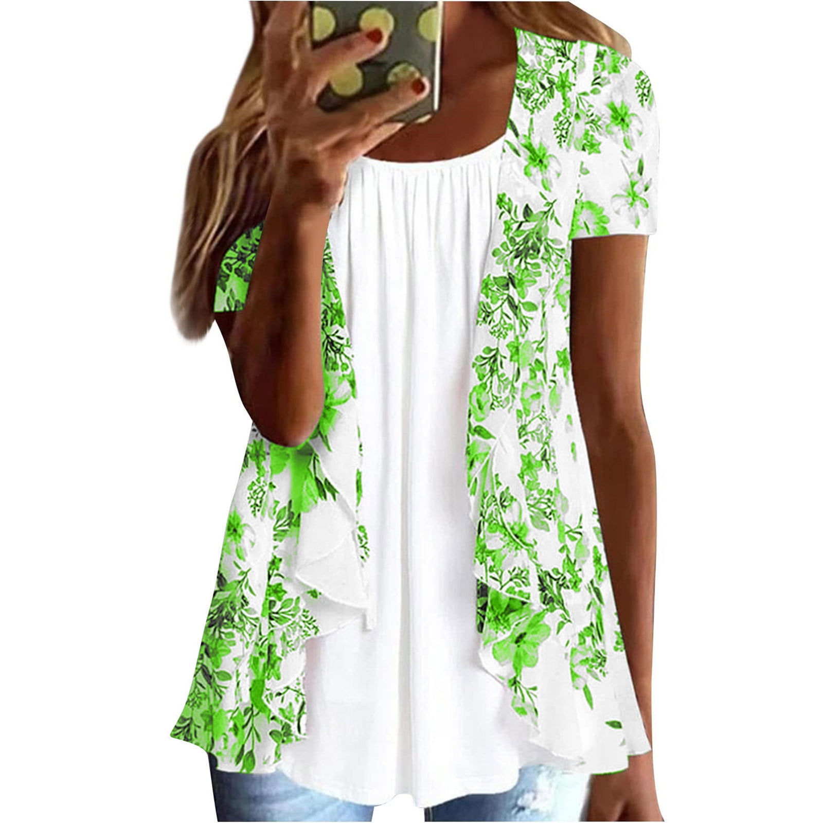 EINCcm Women Summer Plus Size Fake Two Piece Tops Short Sleeve Loose ...