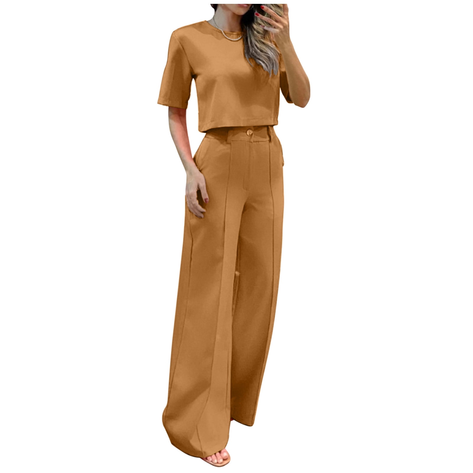 EINCcm Women's 2 Piece Outfits Short Sleeve Crop Top and Wide Leg Work ...