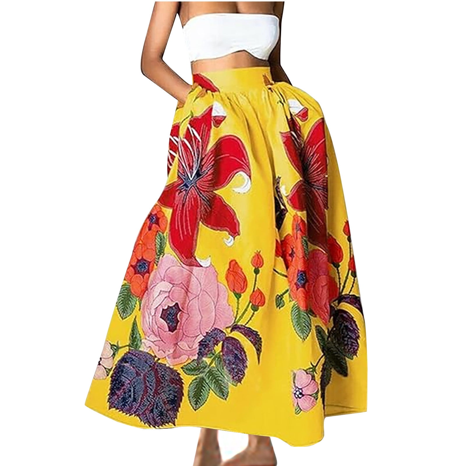 EINCcm Women's Boho Floral Printed Maxi Skirt Summer Beach High Waisted ...