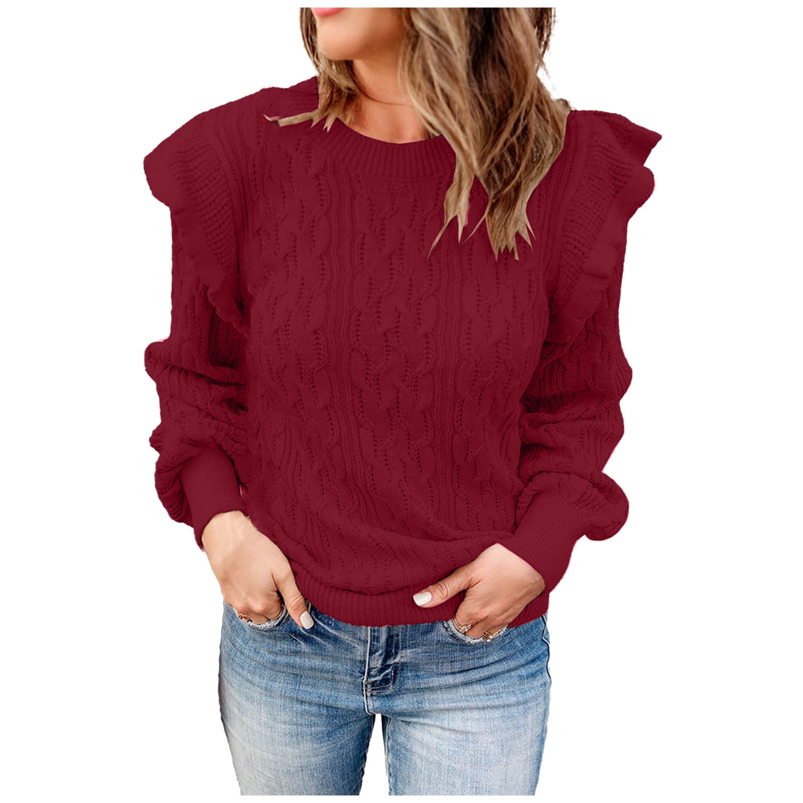 EINCcm Women's Ruffle Long Sleeve Sweaters Crew Neck Sweatshirts 2024 ...