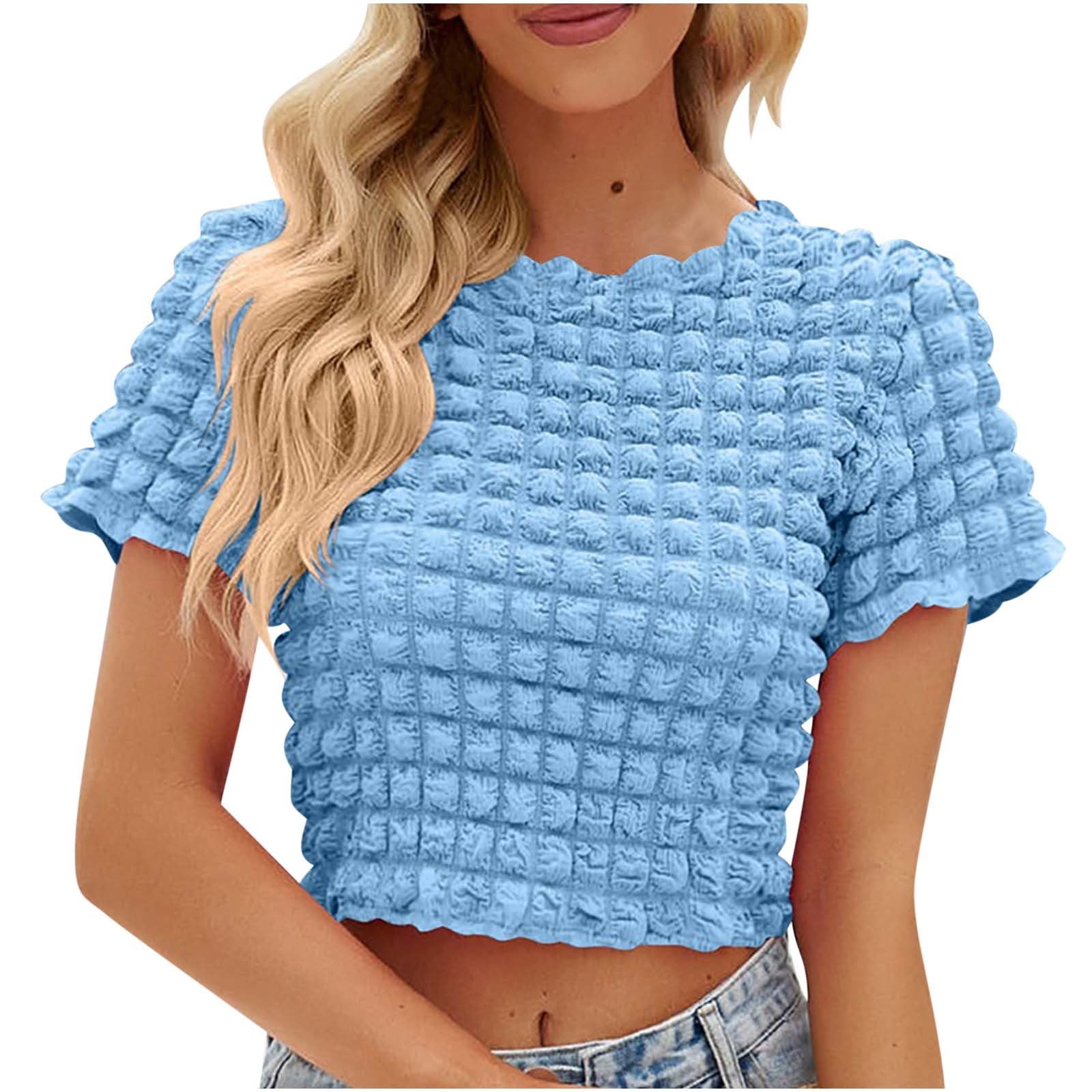 EINCcm Women's Summer Popcorn Crop Tops Bubble Crewneck Short Sleeve ...