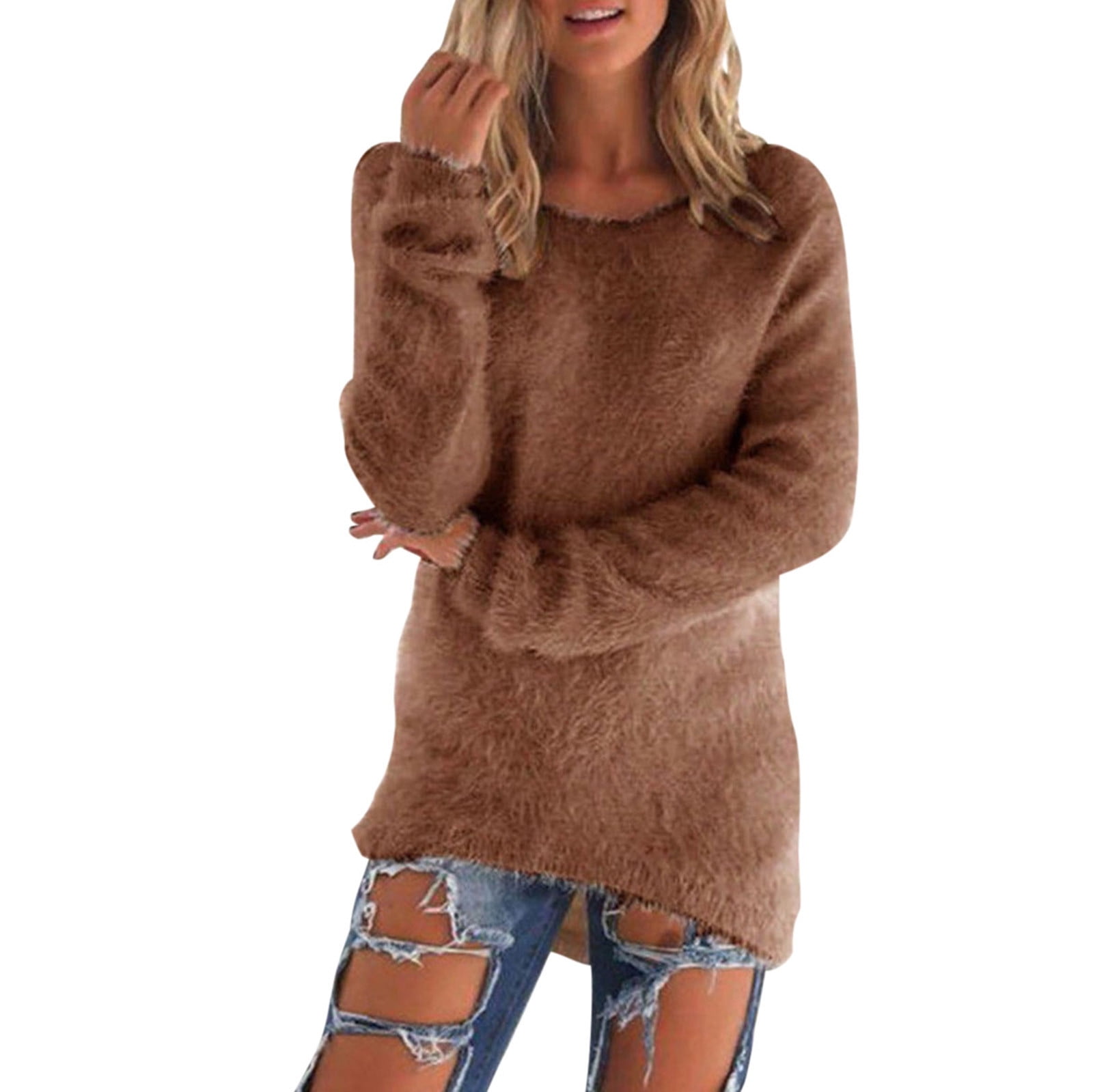 EINCcm Womens Fuzzy Pullover Sweater Casual Long Sleeve Fall Winter ...
