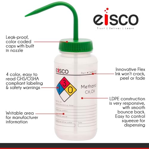 EISCO 6PK Wash Bottle for Methanol, 500ml - Labeled with Color Coded ...