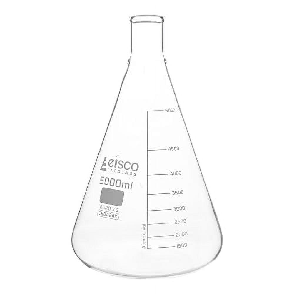 EISCO Erlenmeyer Flask, 5000ml - Borosilicate Glass - Narrow Neck, Conical Shape - White ...