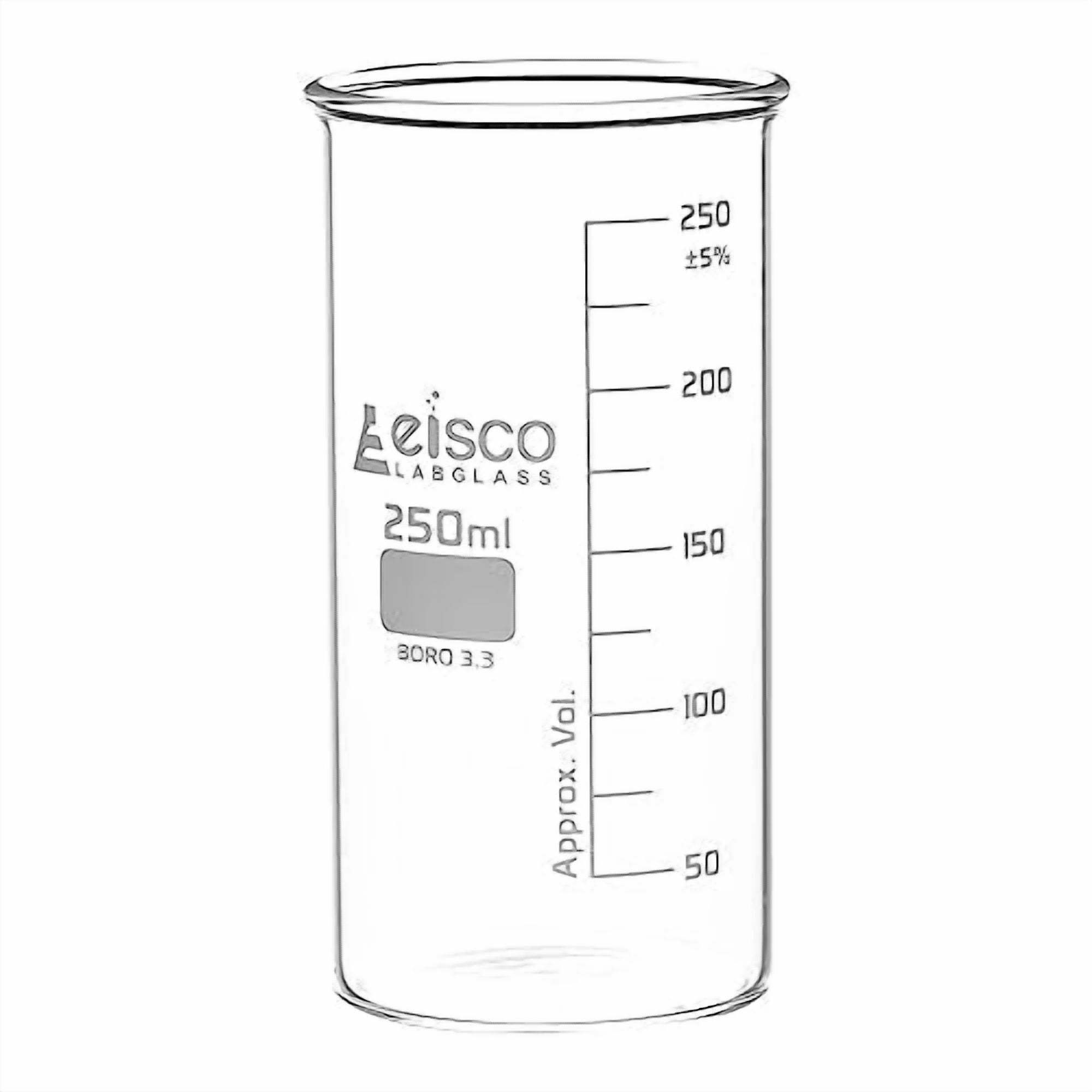 EISCO Tall Form Beaker Without Spout, 250mL - Graduated - Borosilicate ...