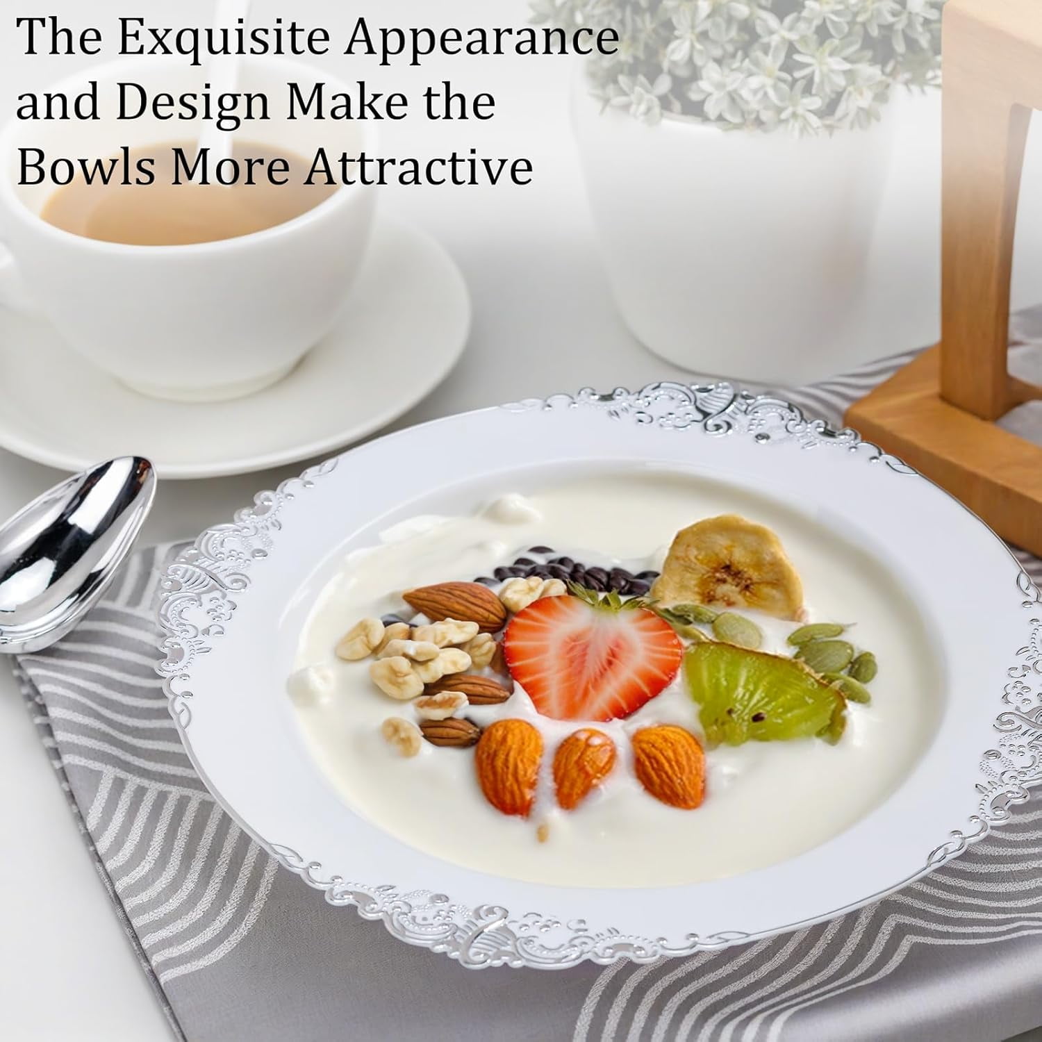 EISRUNG 50PCS White Plastic Bowls with Silver Rim - 12oz Disposable ...