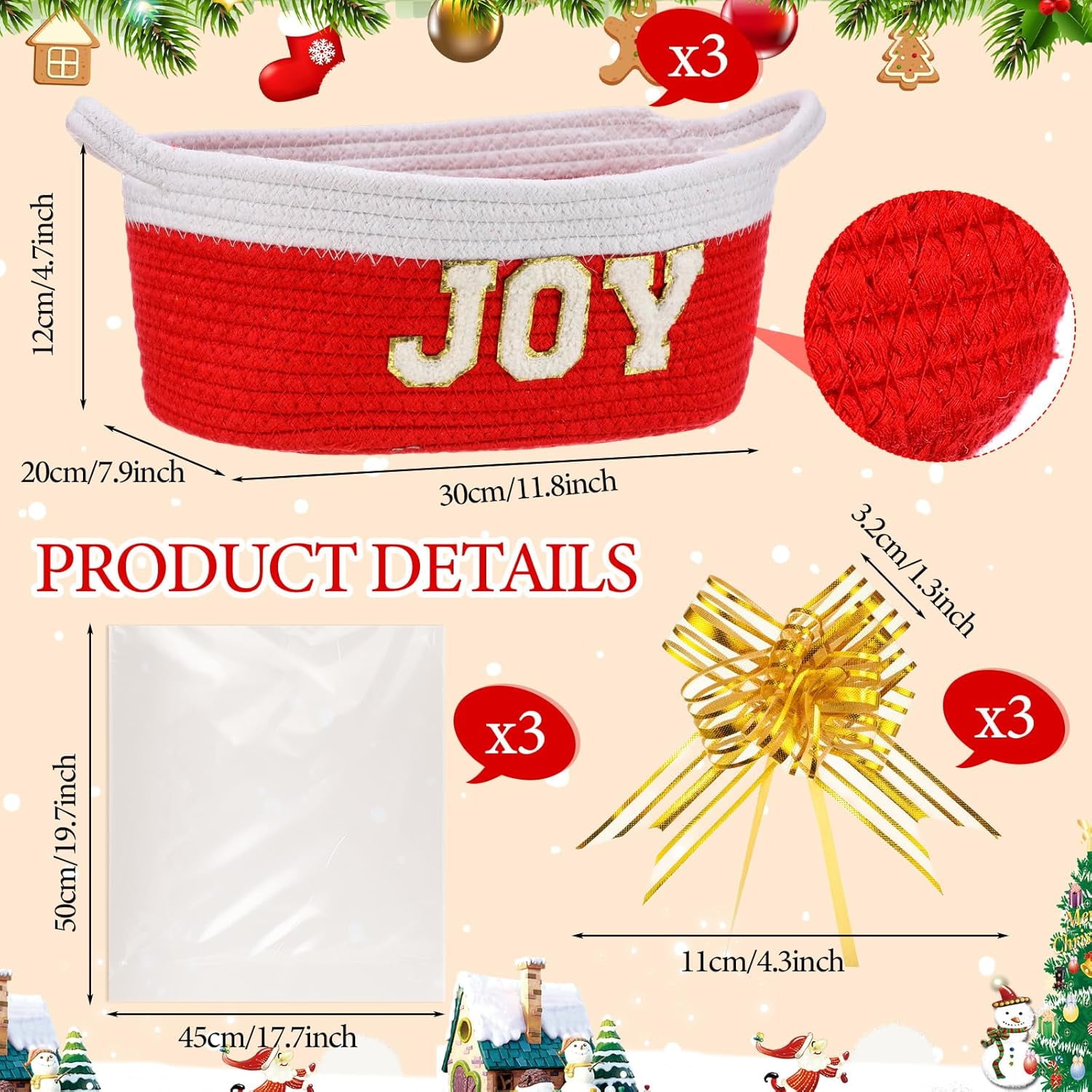 EISRUNGF- 3 Set Christmas Gift Basket Empty Small Woven Rope Basket ...