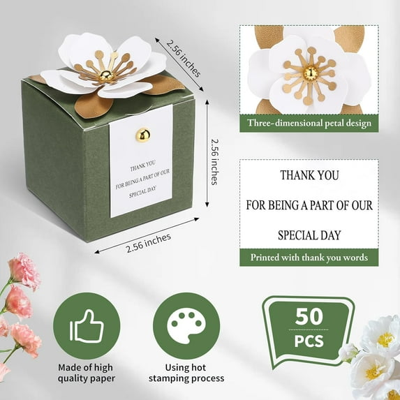 EISRUNGF- 50 Pcs Wedding Favor Boxes with Thanks Card Square Flower ...