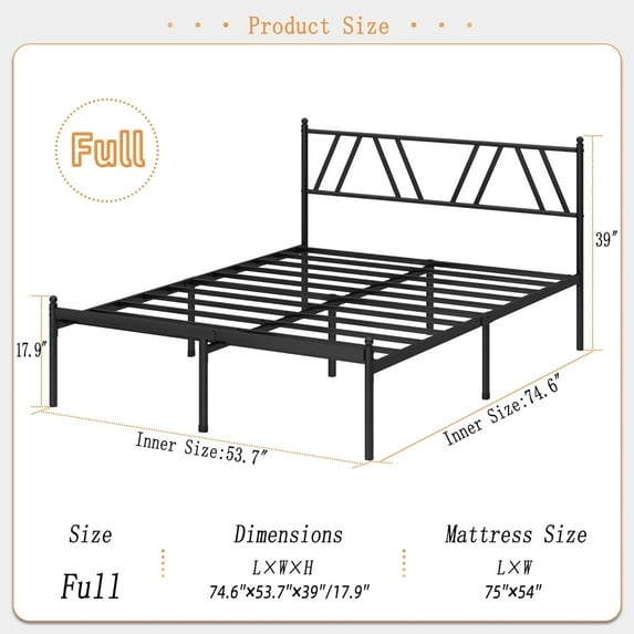 EISRUNGF- Metal Platform Bed Frame with Headboard, 14 Inches Full Bed ...