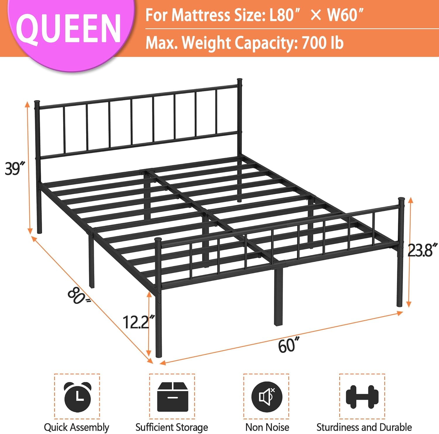 EISRUNGF- Queen Bed Frame-Classic Metal Platform Bed Frame,Mattress ...