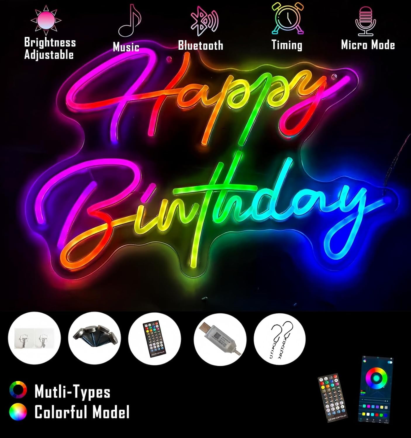 EISRUNGF Smart RGB Happy Birthday Neon Sign – Color Flow, Music Sync ...