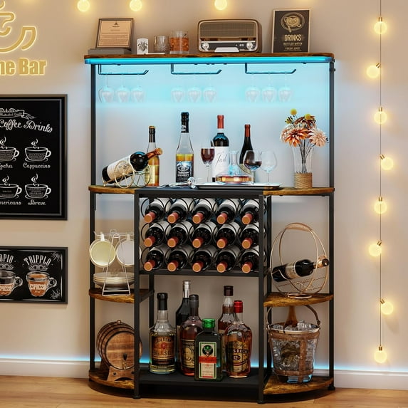 EISRUNGF4-Tier Wine Rack with LED Lights, Home Mini Bar Table with 15 ...