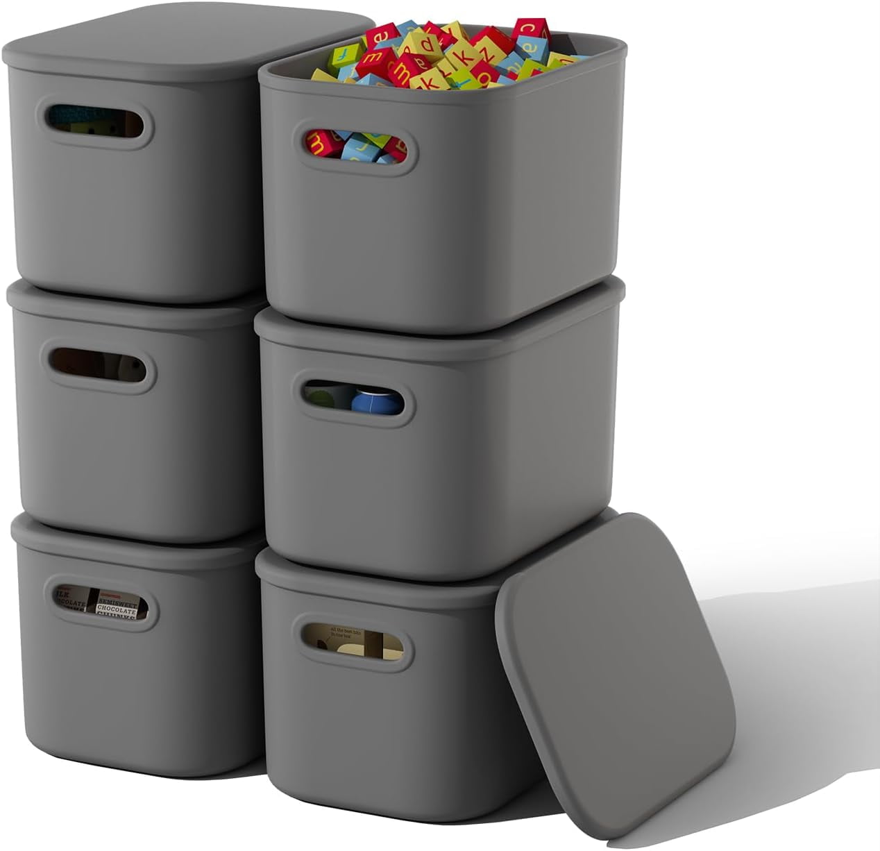 EIYEHOOMBIU 6 Pack Grey Storage Bins with Lids Stackable Storage ...