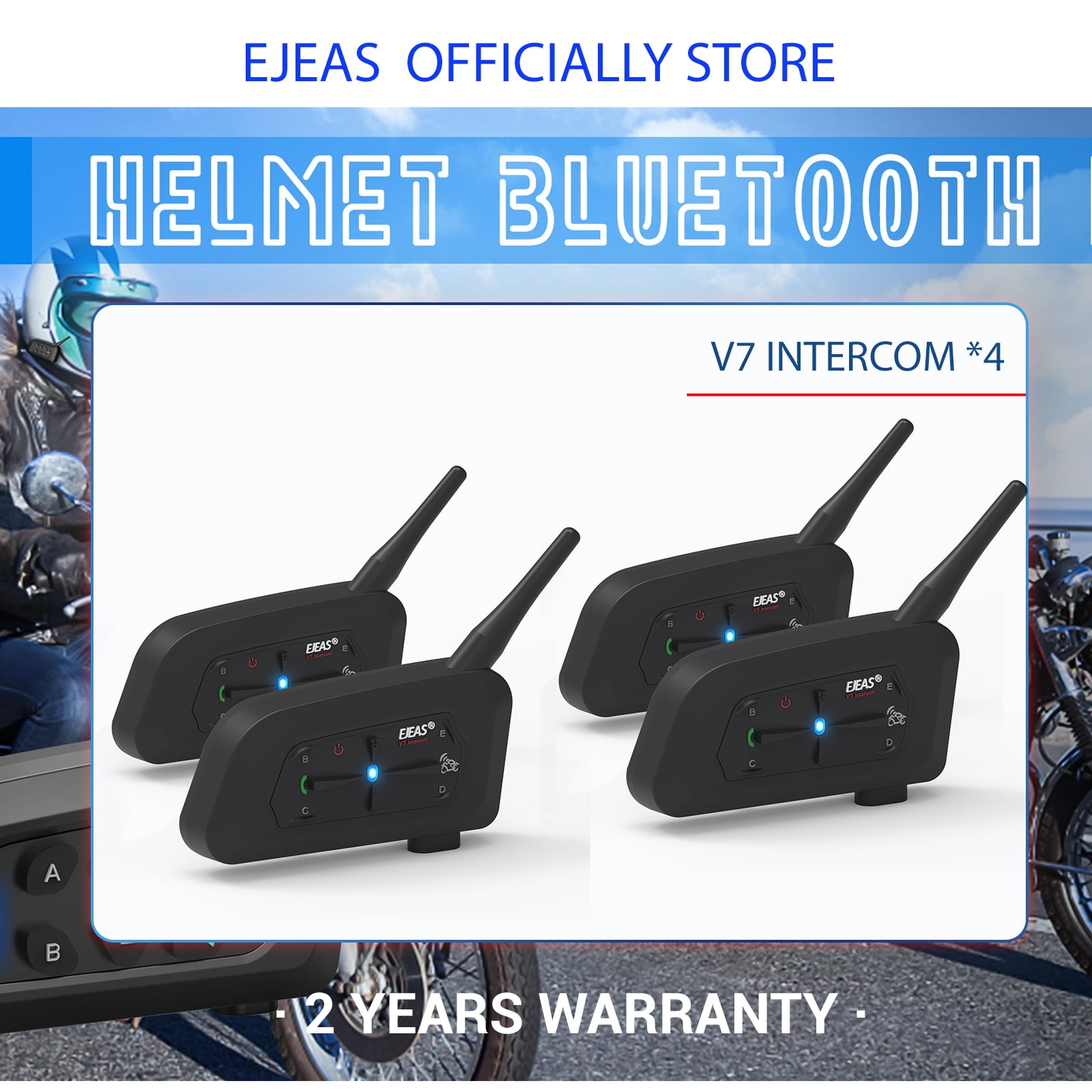 EJEAS 4PC V7 Motorcycle Helmet Bluetooth Intercom, Upgraded 2 Riders 1200M Helmet Bluetooth ...