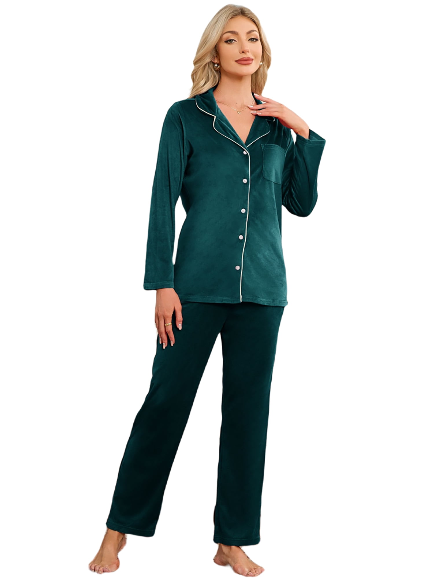 EK4YDNDS Womens Flannel Pajama Set, Long Button Down Lightweight Pjs ...