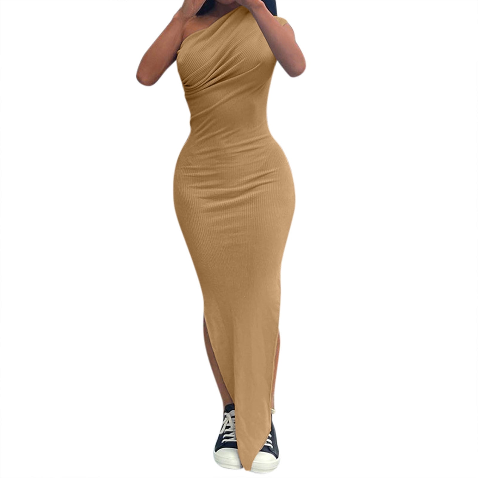 EKAPENO Women Dress Sexy One Off Shoulder Sleeveless High Split Beach ...