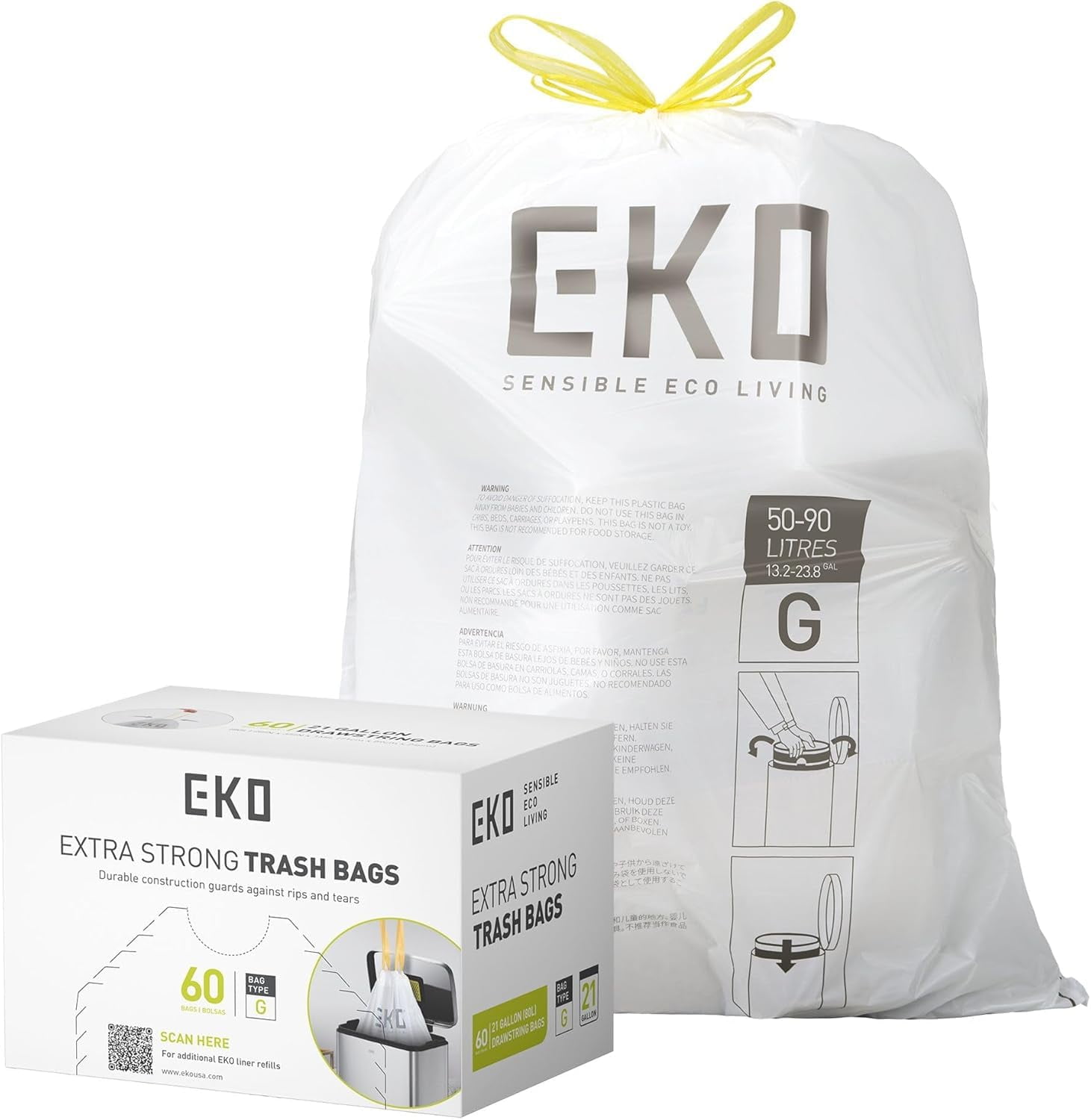 EKO 21 Gallon / 50-90 Liter, 60 Count Drawstring Trash Bags, Extra ...