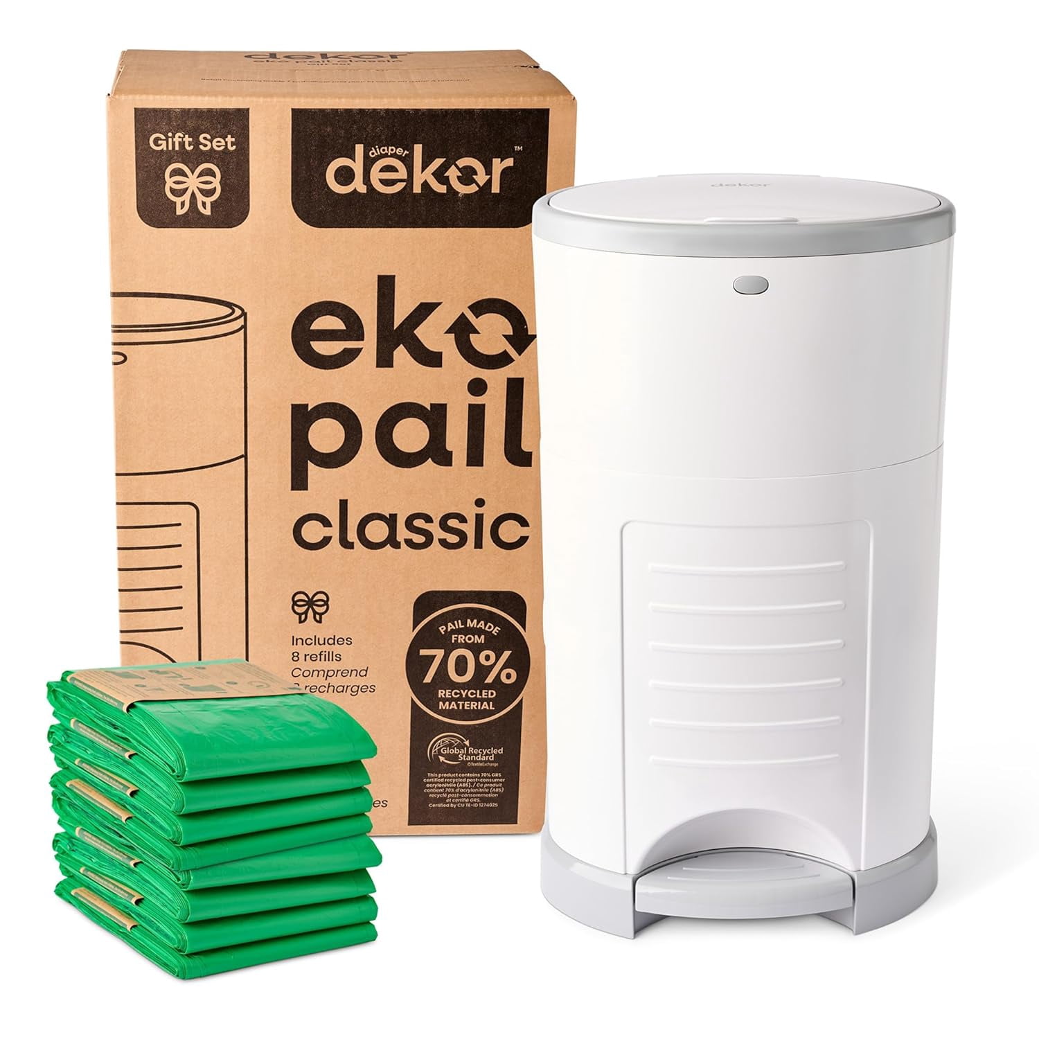 EKO Classic Diaper Pail Gift Set, White | ONLY Eco-Friendly Diaper Pail ...
