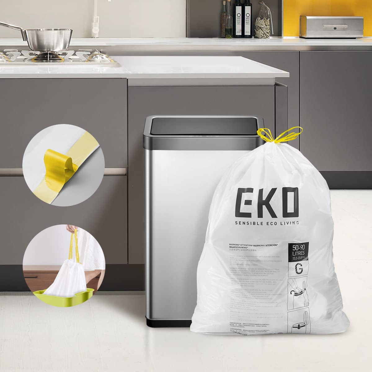 EKO Easy-Dispense Roll of AIF9 60 Count Extra-Strong Drawstring Kitchen Trash Bags - 21 Gallon ...