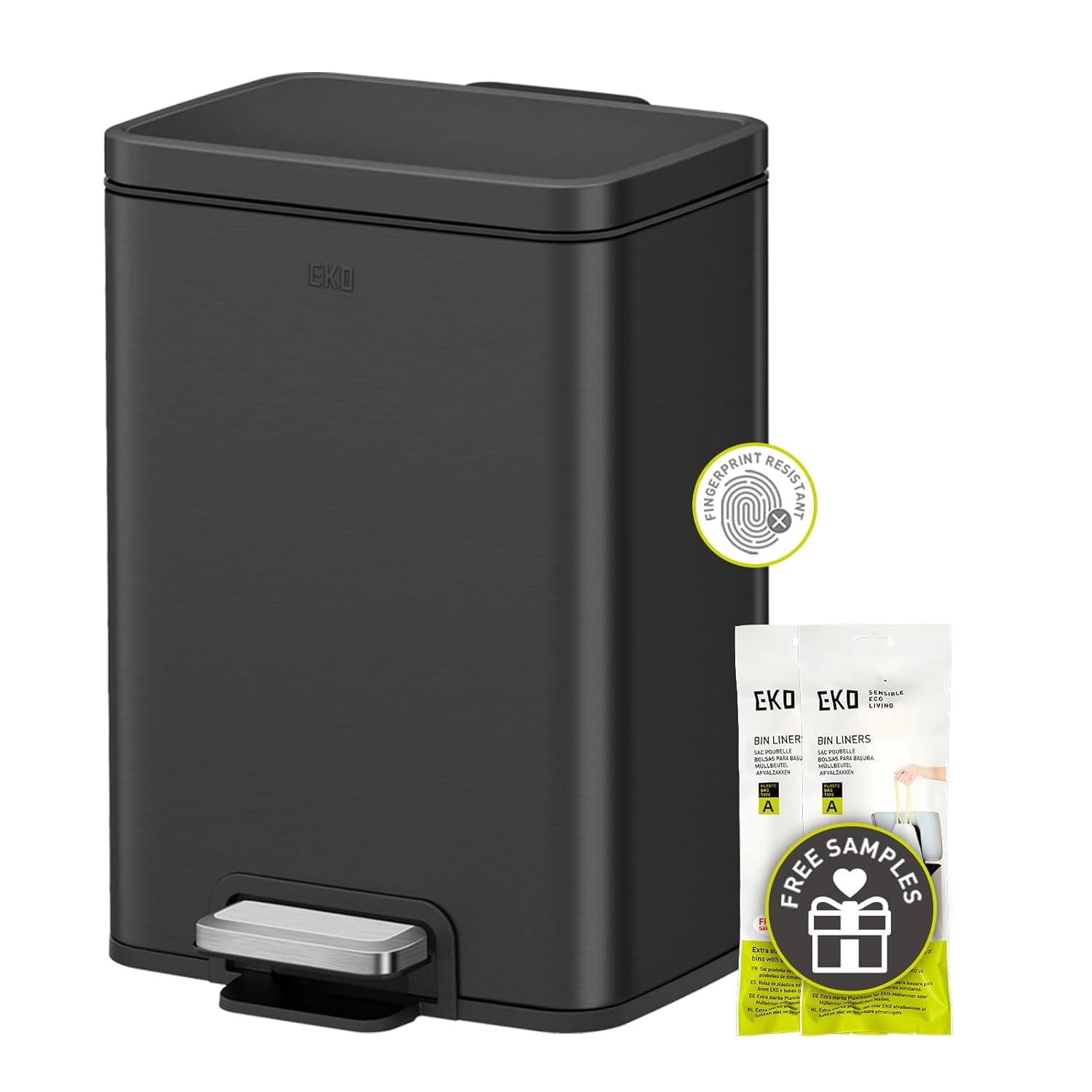 EKO Madison Matte Black 6L / 1.6 Gal Bathroom Trash Can with Lid and Removable Inner Basket ...