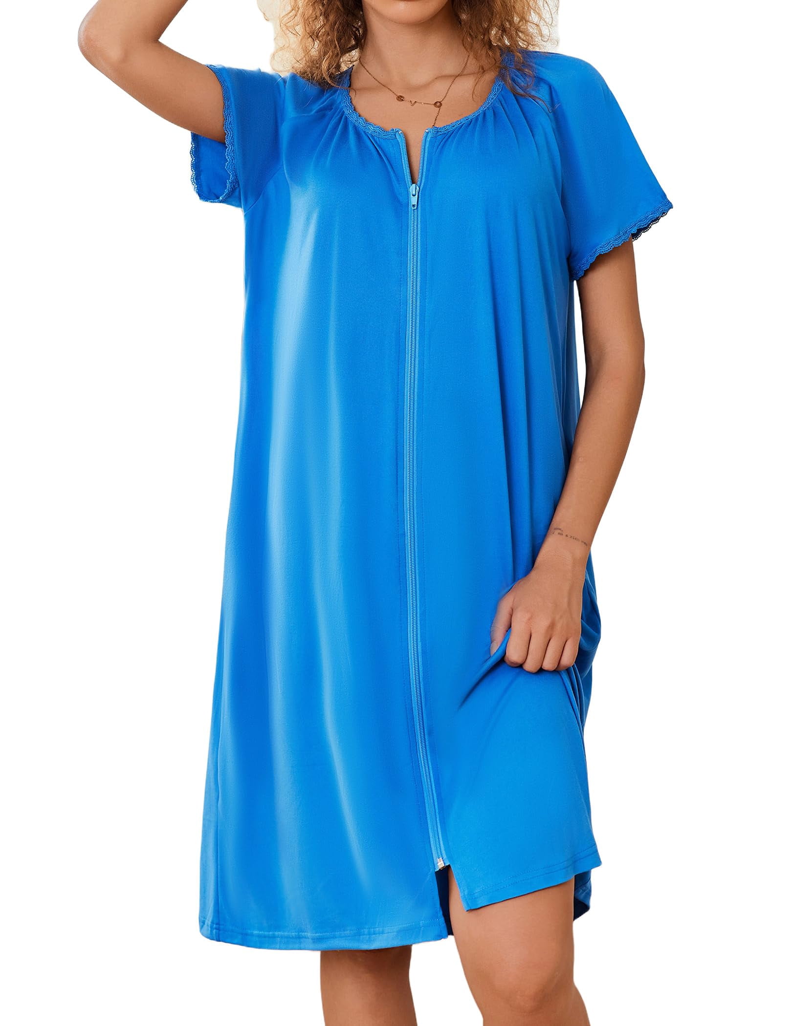 EKOUAER Women Short Sleeve Robe Zipper Front Robes Light House Coat ...