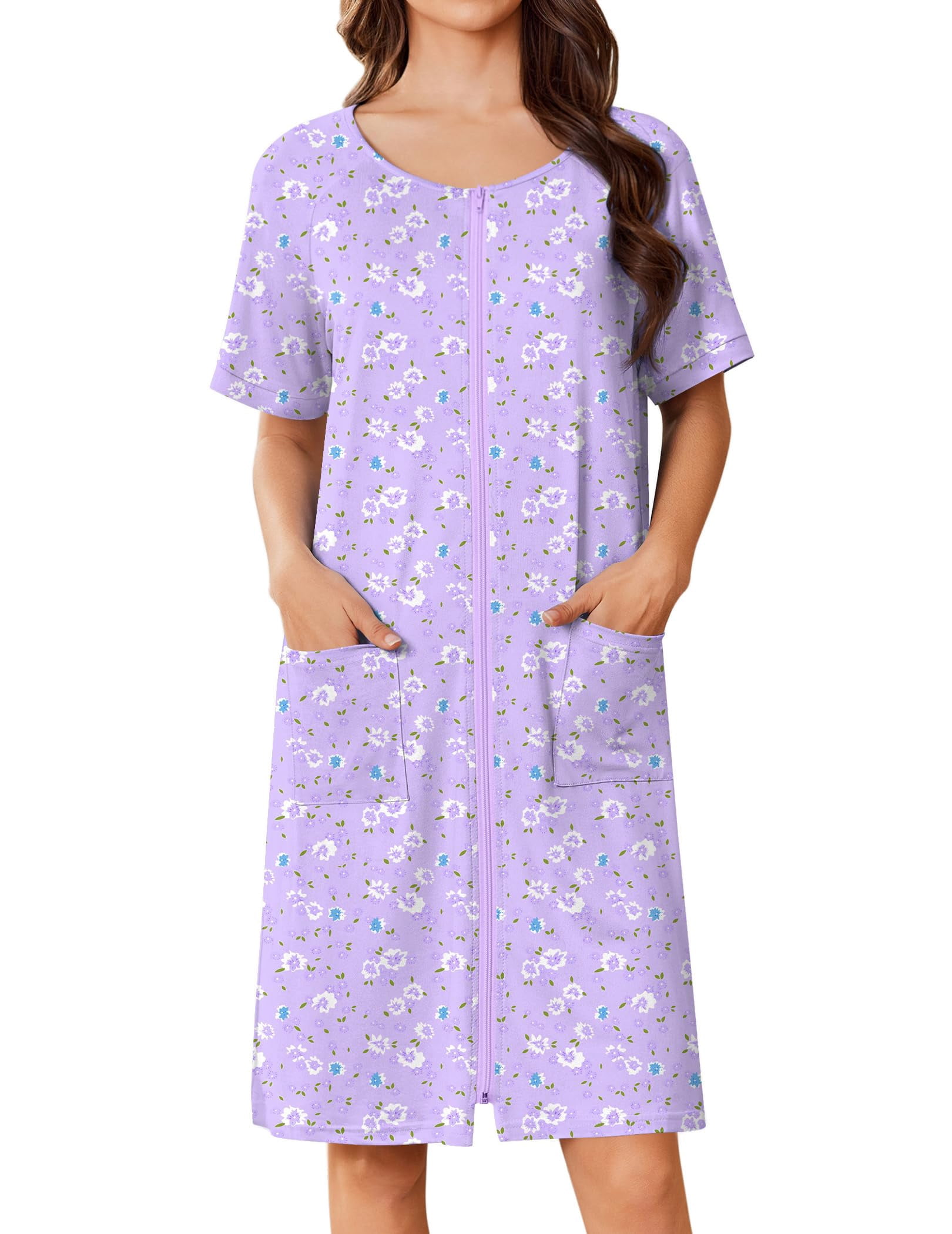 EKOUAER Women Zip Up Robe Short Bathrobe Lightweight House Coats Floral ...