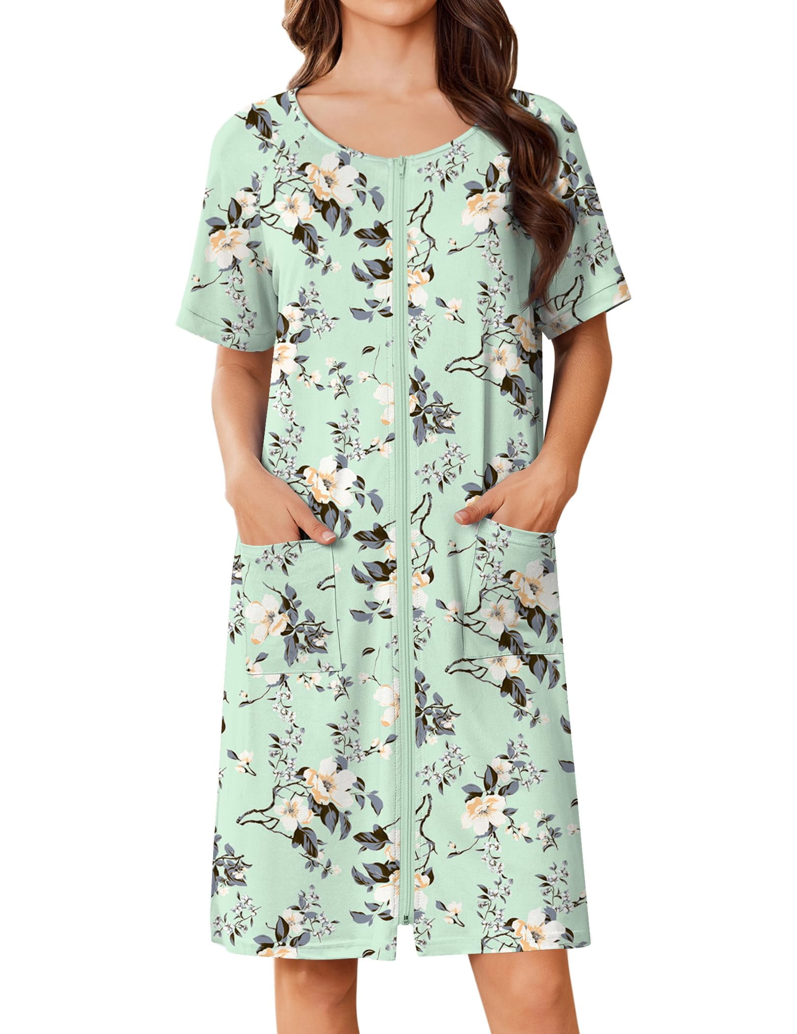 EKOUAER Women Zip Up Robe Short Bathrobe Lightweight House Coats Floral ...
