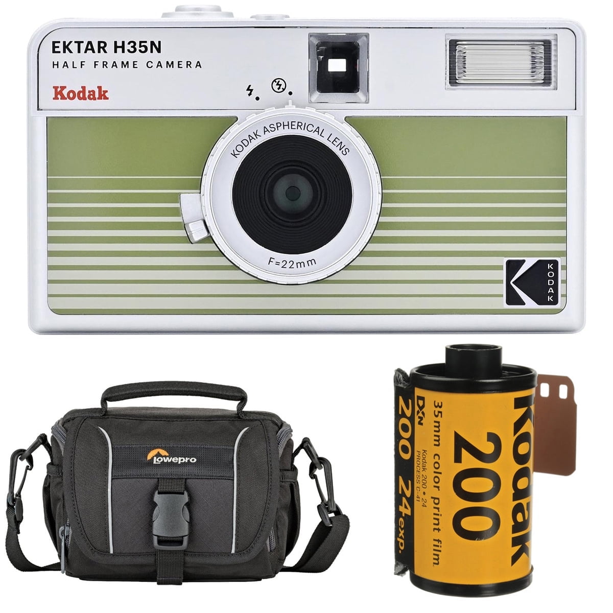 Kodak EKTAR H35N Half Frame Film Camera, Striped Green, Bundle with ...