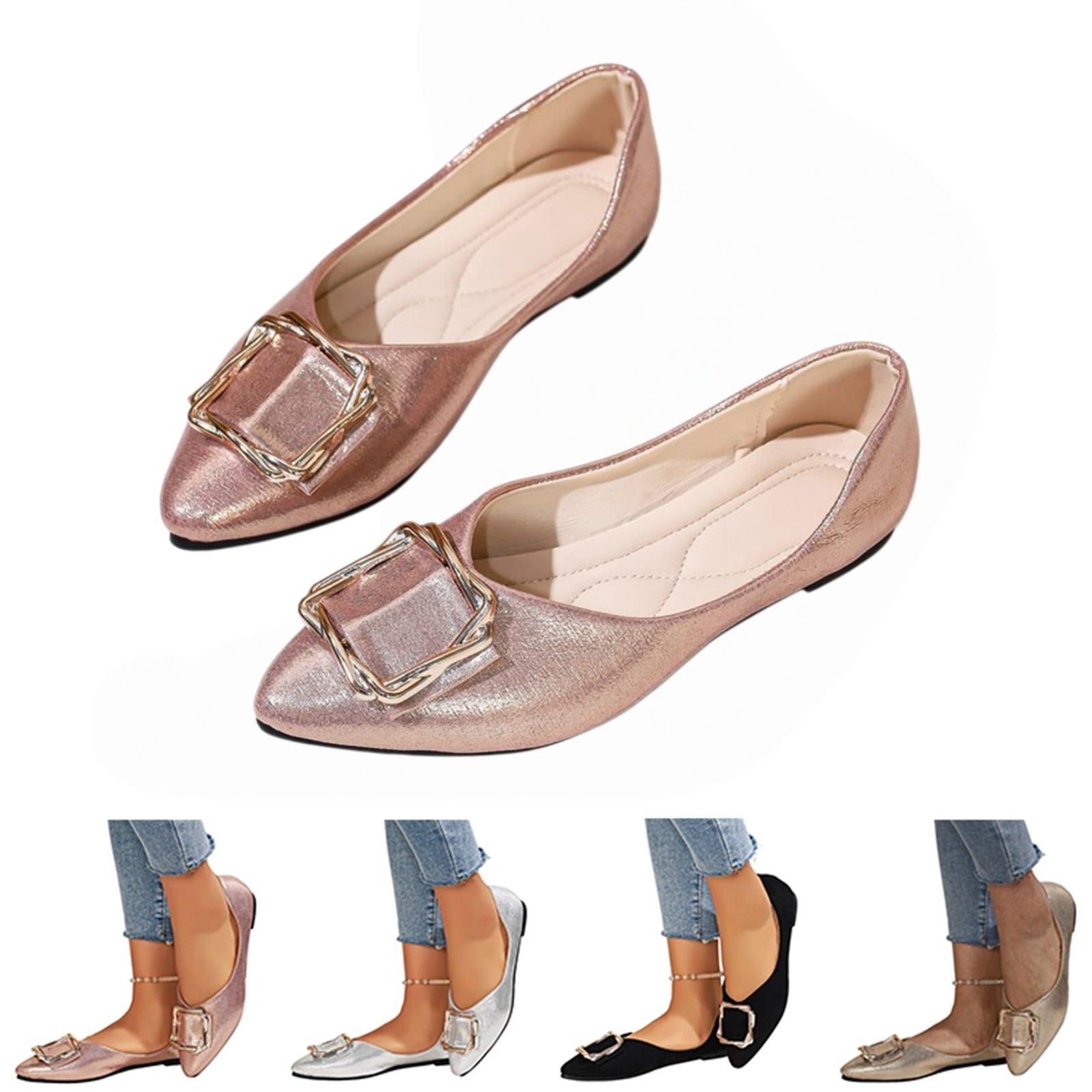 EKVAHL Women's Pointed Toe Buckle Flats, Slip-On Closed-Toe Ballet ...