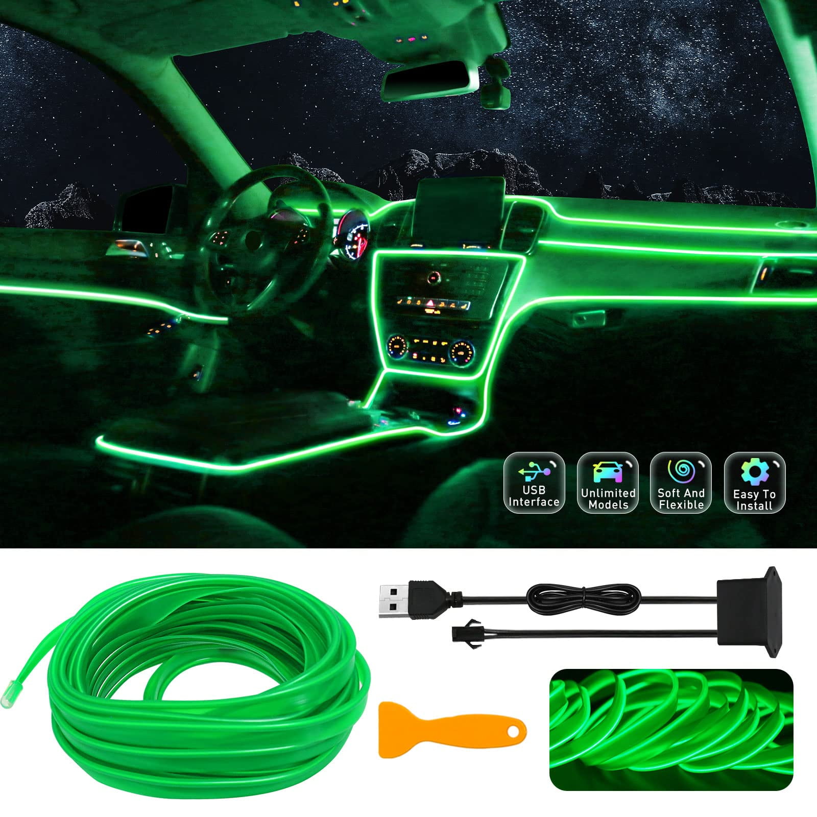 EL Car LED STF9 Interior Strip Light, USB Lights with 6mm Sewing Edge ...