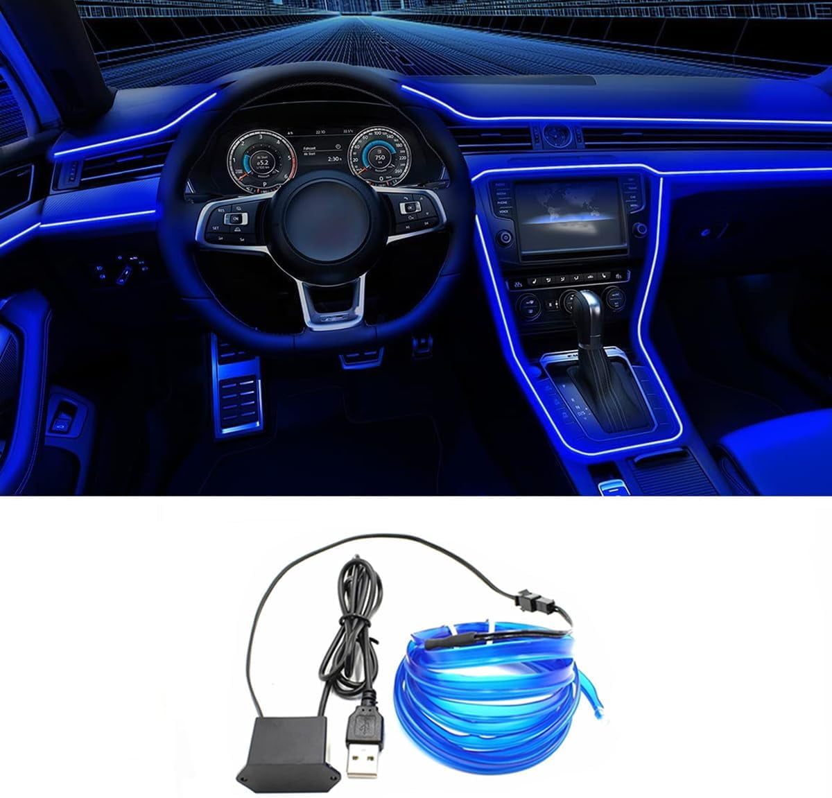 EL Wire Interior Car LED Strip Ligts, 16.5FT USB Neon Glowing Strobing ...