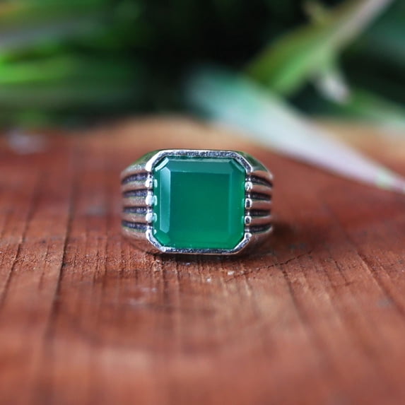 ELANZAA JEWELS- Green Onyx Ring Mens Signet Sterling Silver Band With ...