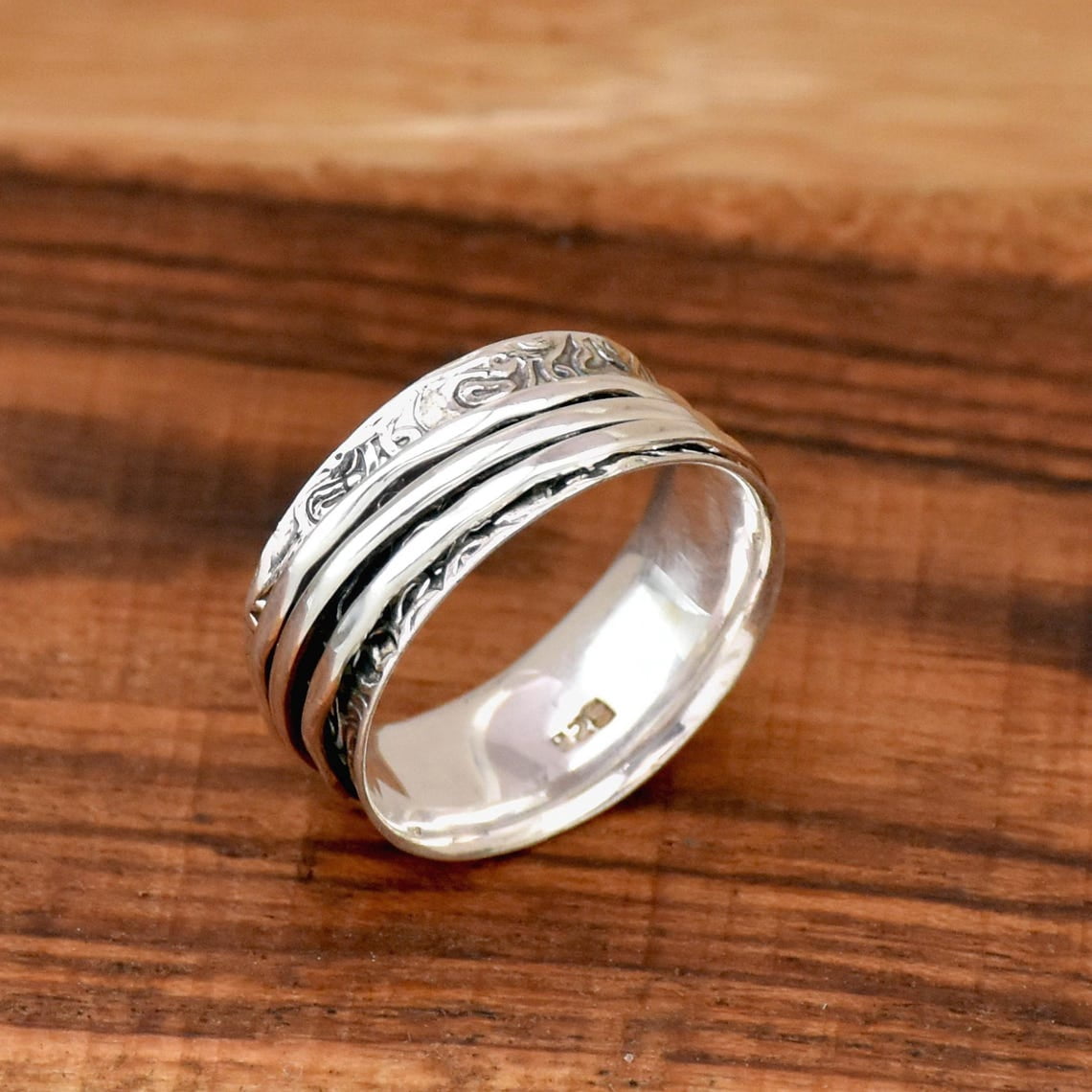 ELANZAA JEWELS- Textured Spinner Ring Sterling Silver Triple Band ...