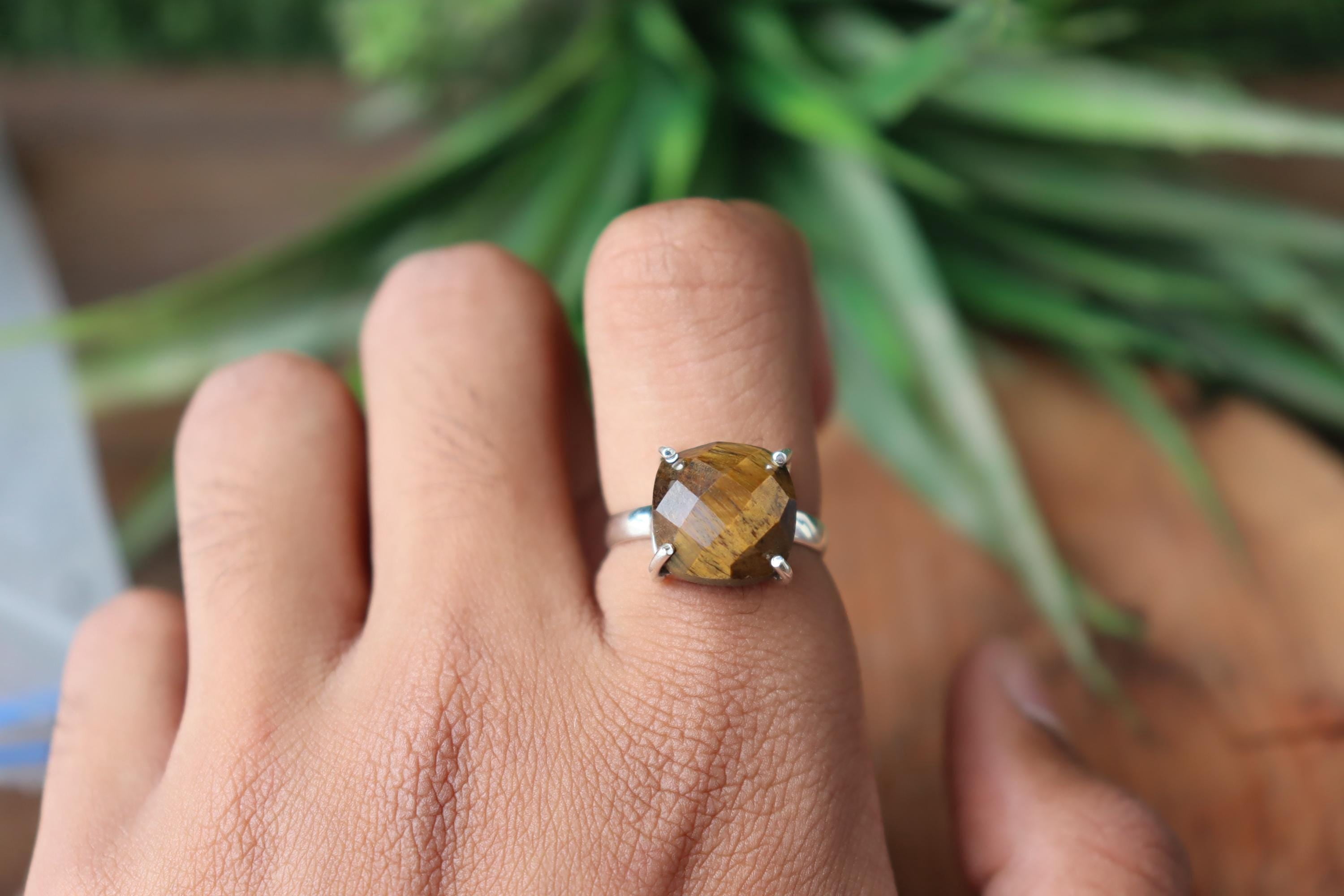 ELANZAA JEWELS- Tiger Eye Ring Adjustable Boho Gemstone Band in 925 ...