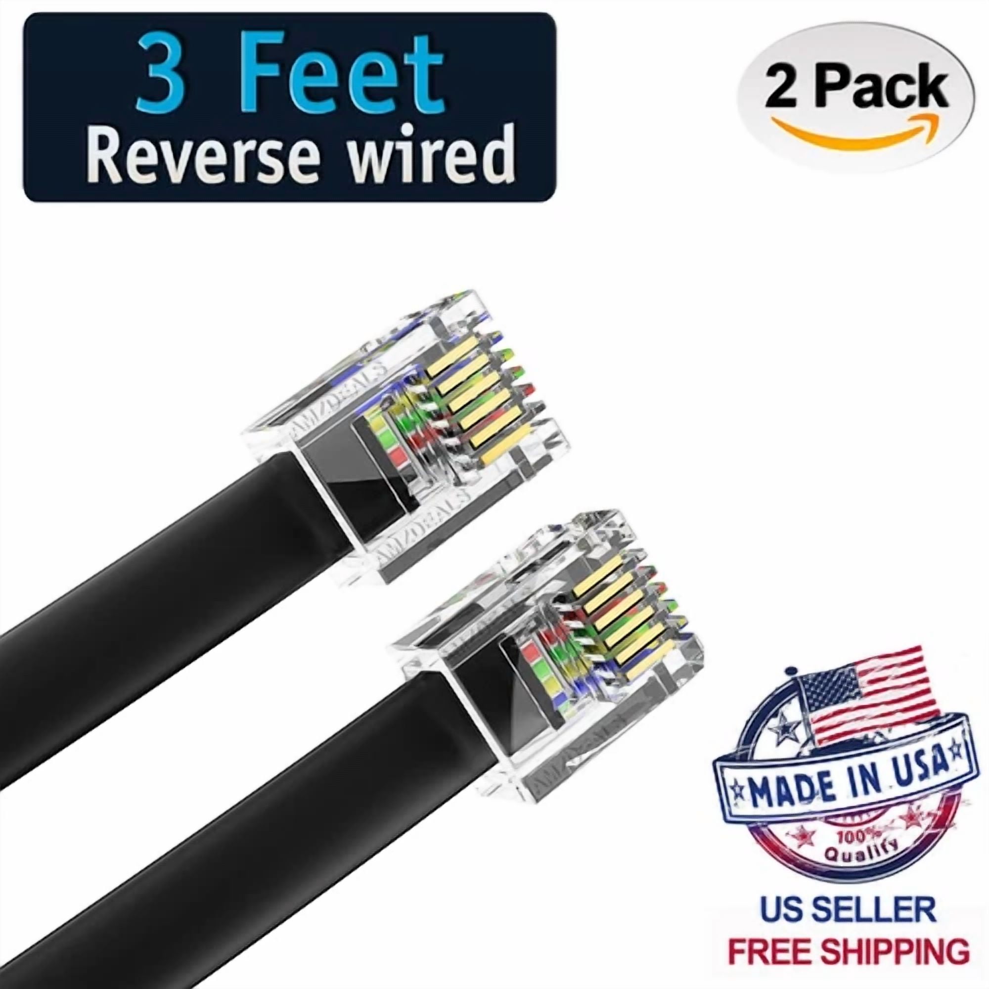 ELARA- (2 Pack) 3 Feet Black Rj12 6P6C Heavy Duty Reverse Phone Cable For Voice 36" - Walmart.com