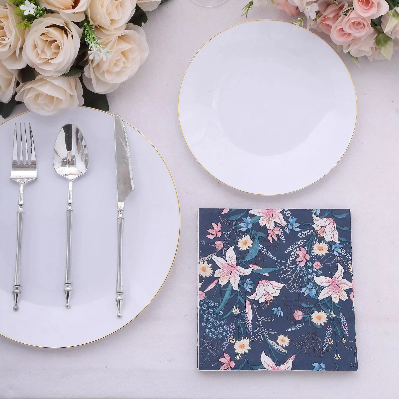ELARA- 20 Navy Blue 13X13 In Cocktail Paper Napkins Water Lily Design ...
