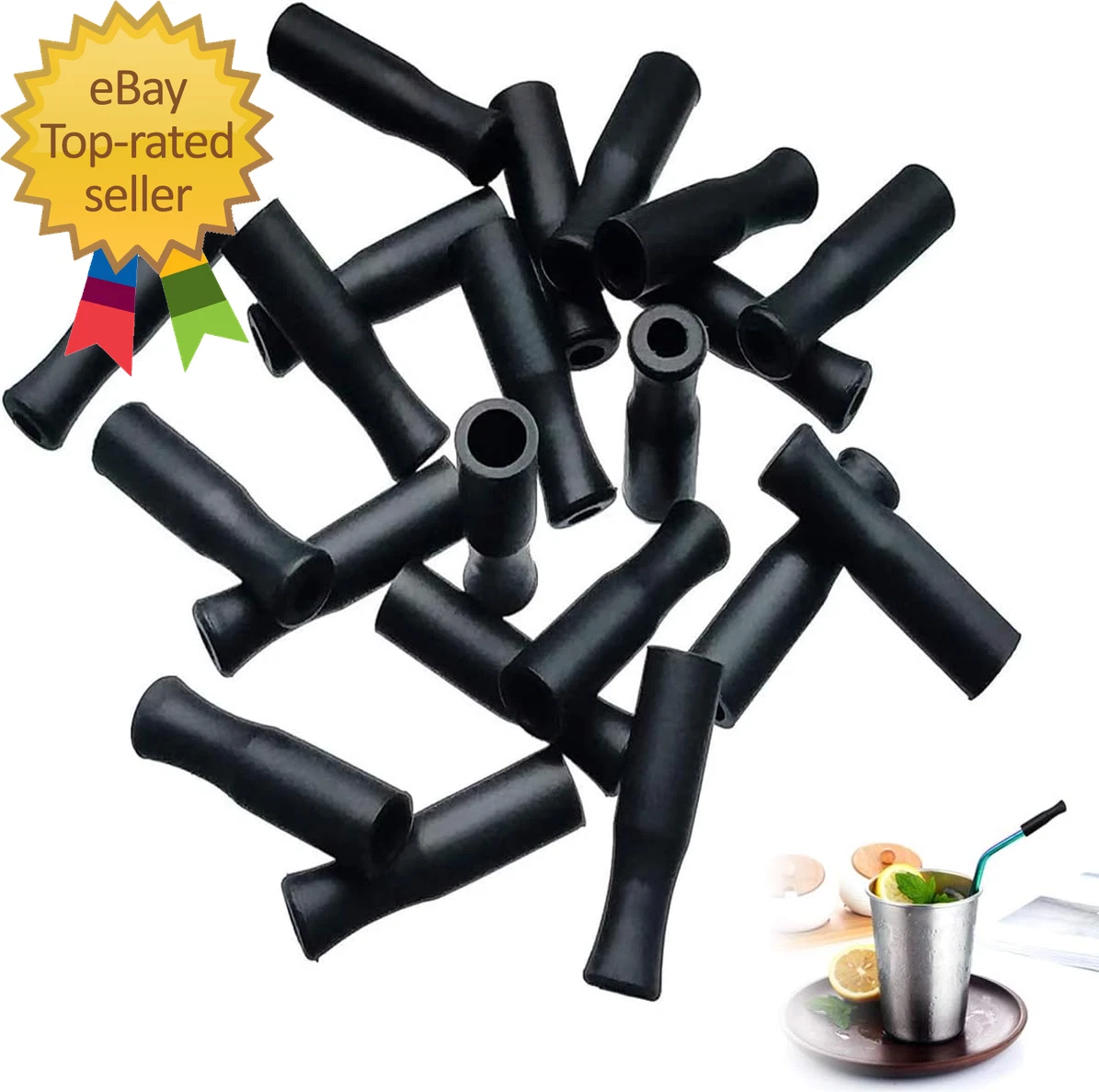 ELARA- 21Pcs Reusable Silicone Straw Tips Stainless Straw Tips Black ...