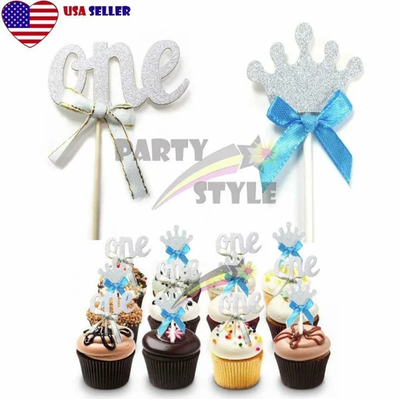 ELARA- 24Pcs Silver Glitter Cupcake Toppers Blue Bow For Boy Baby 1St ...