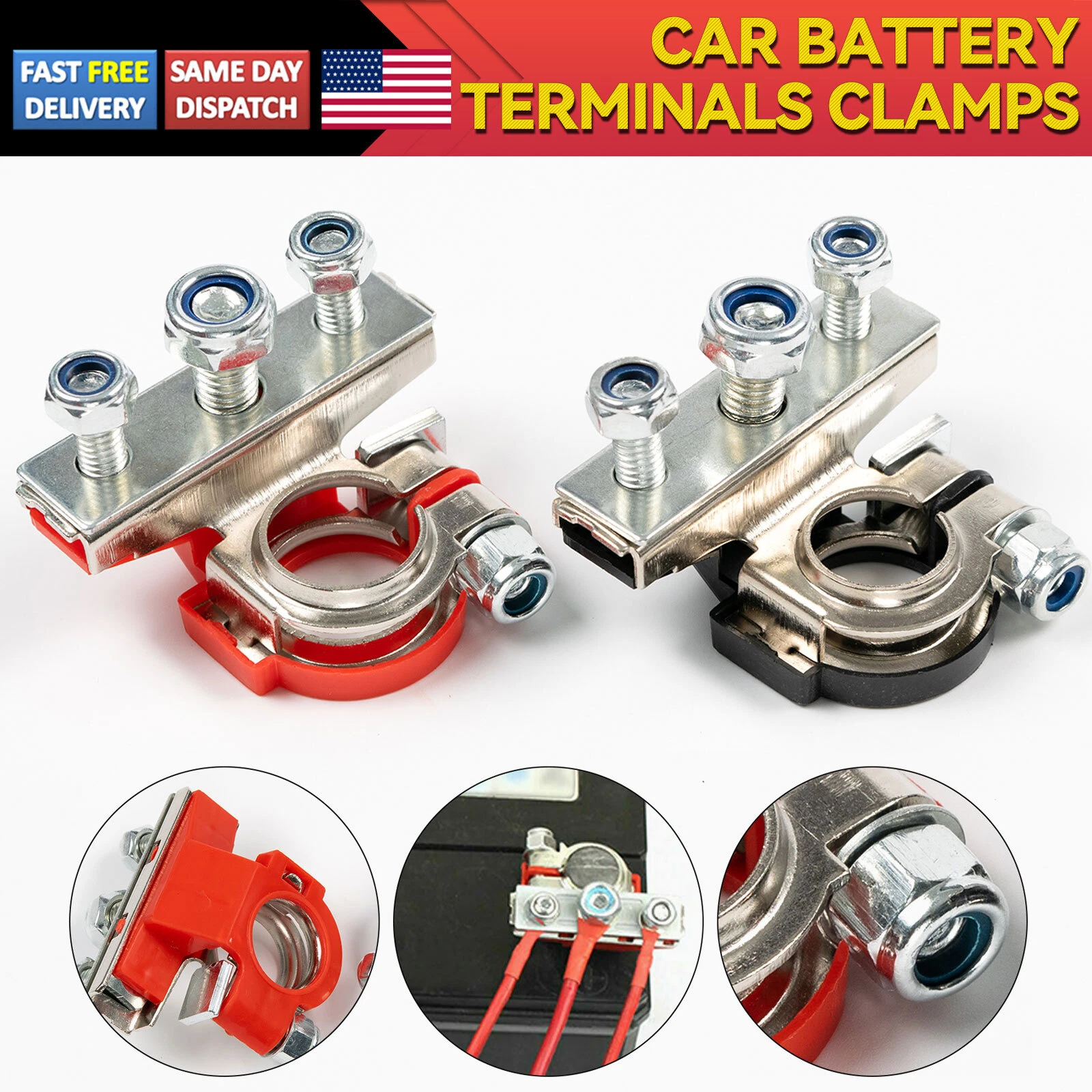ELARA- 2Pcs Auto Battery Terminal Quick Connector Cables Clamps 3 Way ...