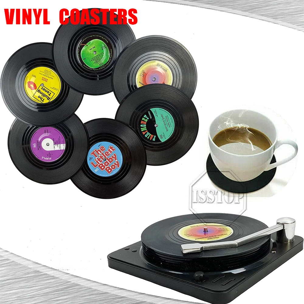 ELARA- 6 Pack Cup Pad Vinyl Coasters Retro Disk Coaster With Holder For ...