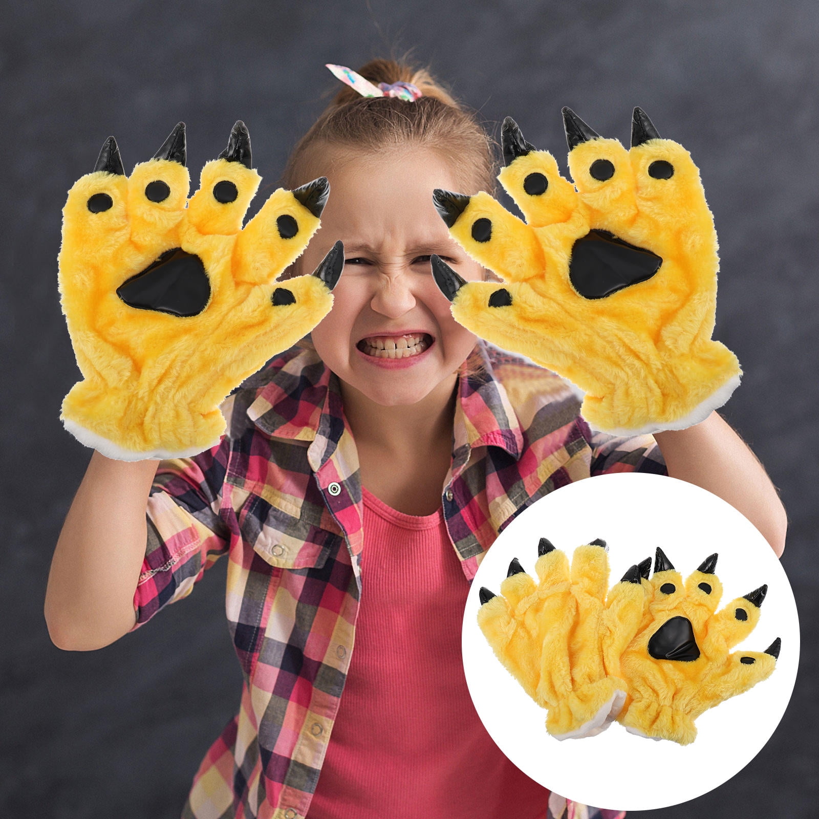ELAYARD 1 Pair Kawaii Gloves Cartoon Animal Claw Plush Yellow for Women ...