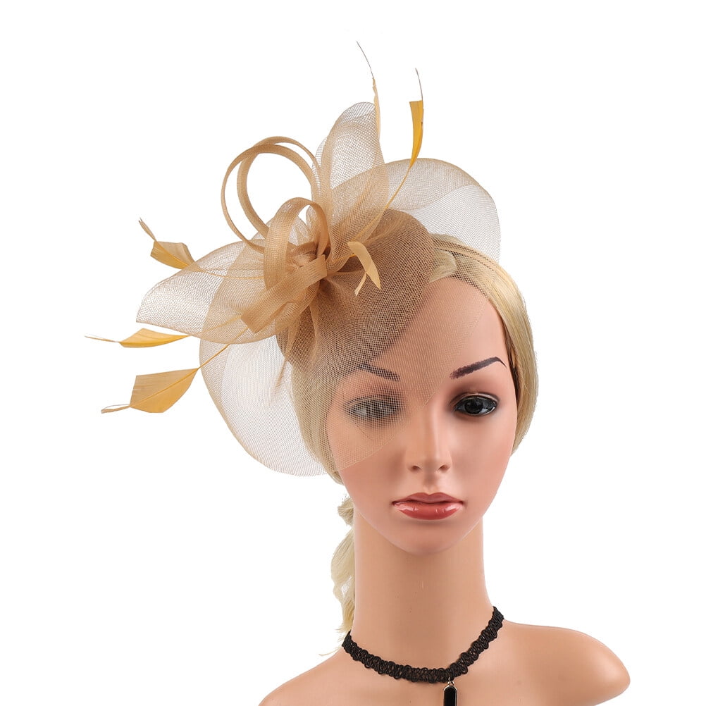 ELAYARD Golden Gauze Fascinator Hat for Women's with Elegant Plume ...
