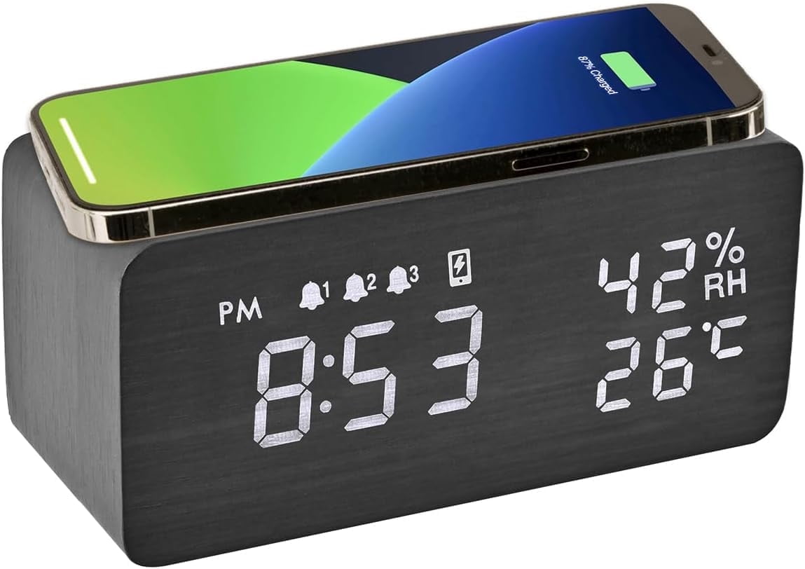 ELECTIME Wooden Digital Alarm Clock with Wireless Phone Charging ...