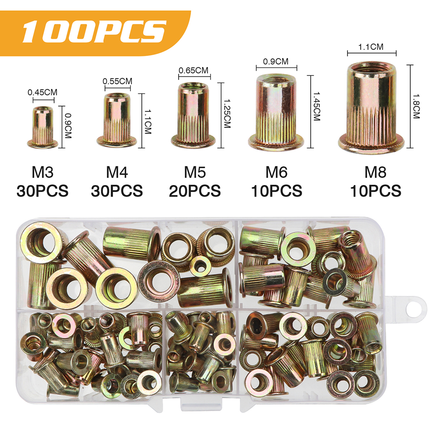 ELECTRAPICK 100PCS Rivet Nut Assort Set Zinc Flat Head Threaded ...