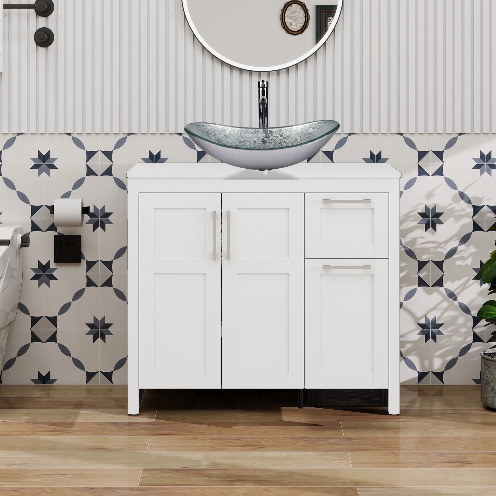 ELECWISH 36 Inches Bathroom Vanity in White Finish with Glass Boat ...