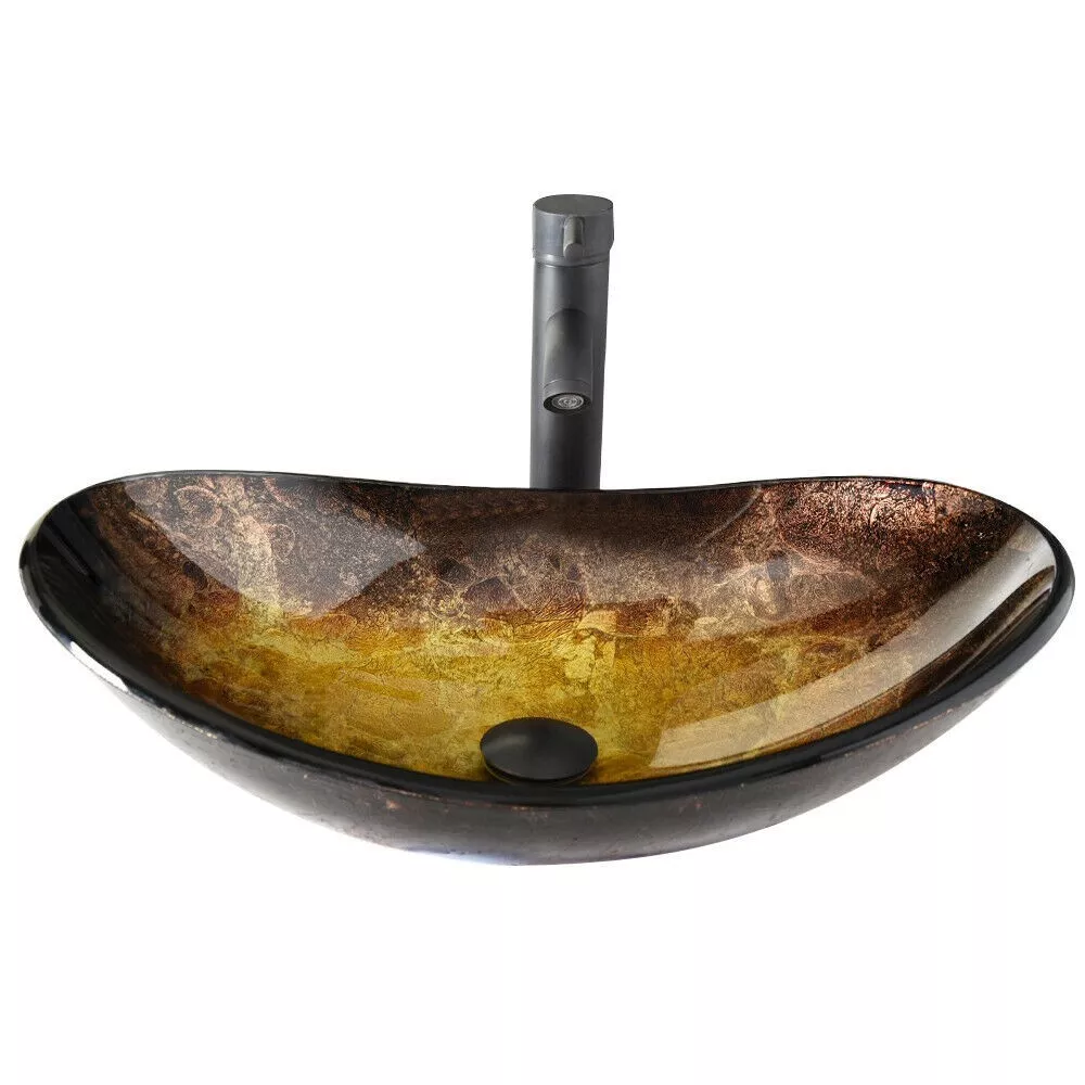 ELECWISH Bathroom Sink and Faucet Combo Artistic Tempered Glass Vessel ...