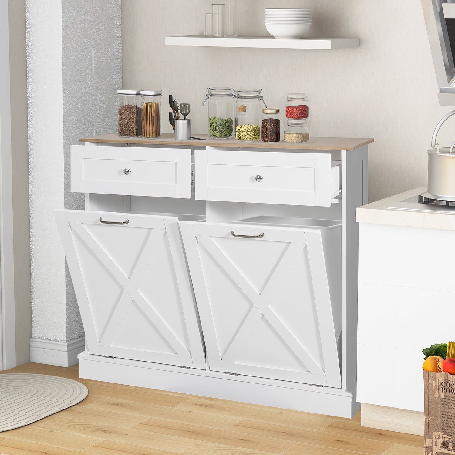 Elecwish Kitchen Double Tilt Out Trash Can Cabinet Freestanding Trash