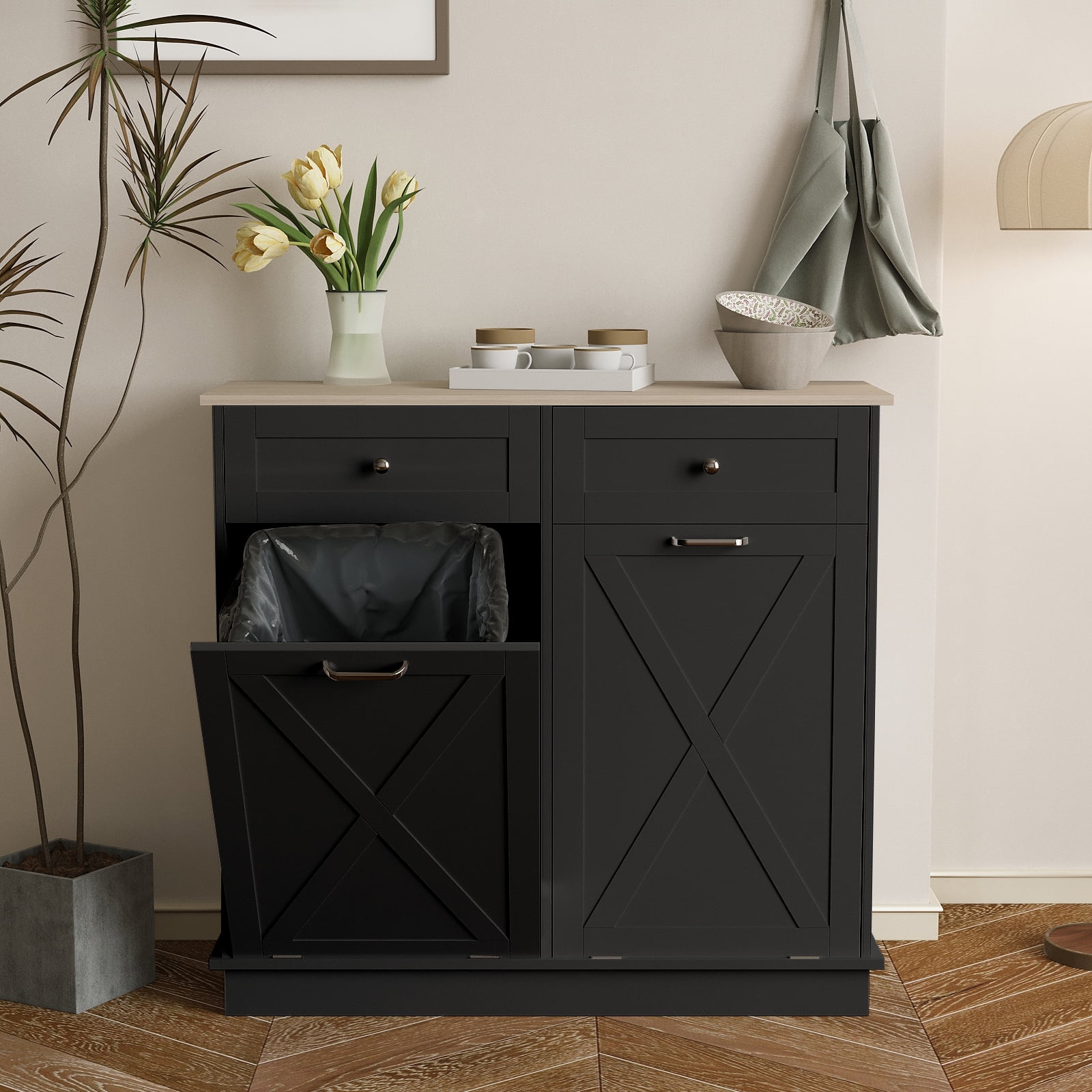 ELECWISH Kitchen Double Tilt Out Trash Can Cabinet in Black ...
